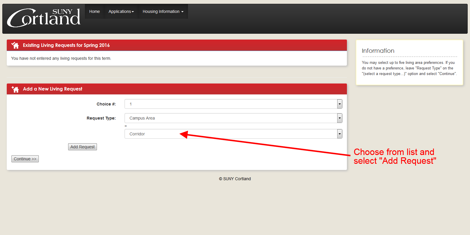 Housing Preference Form Screen Shots - SUNY Cortland